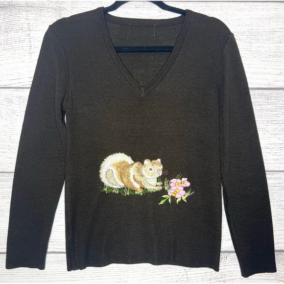American Vintage | Sweaters | Vintage Brown Squirrel Embroidery Vneck ...